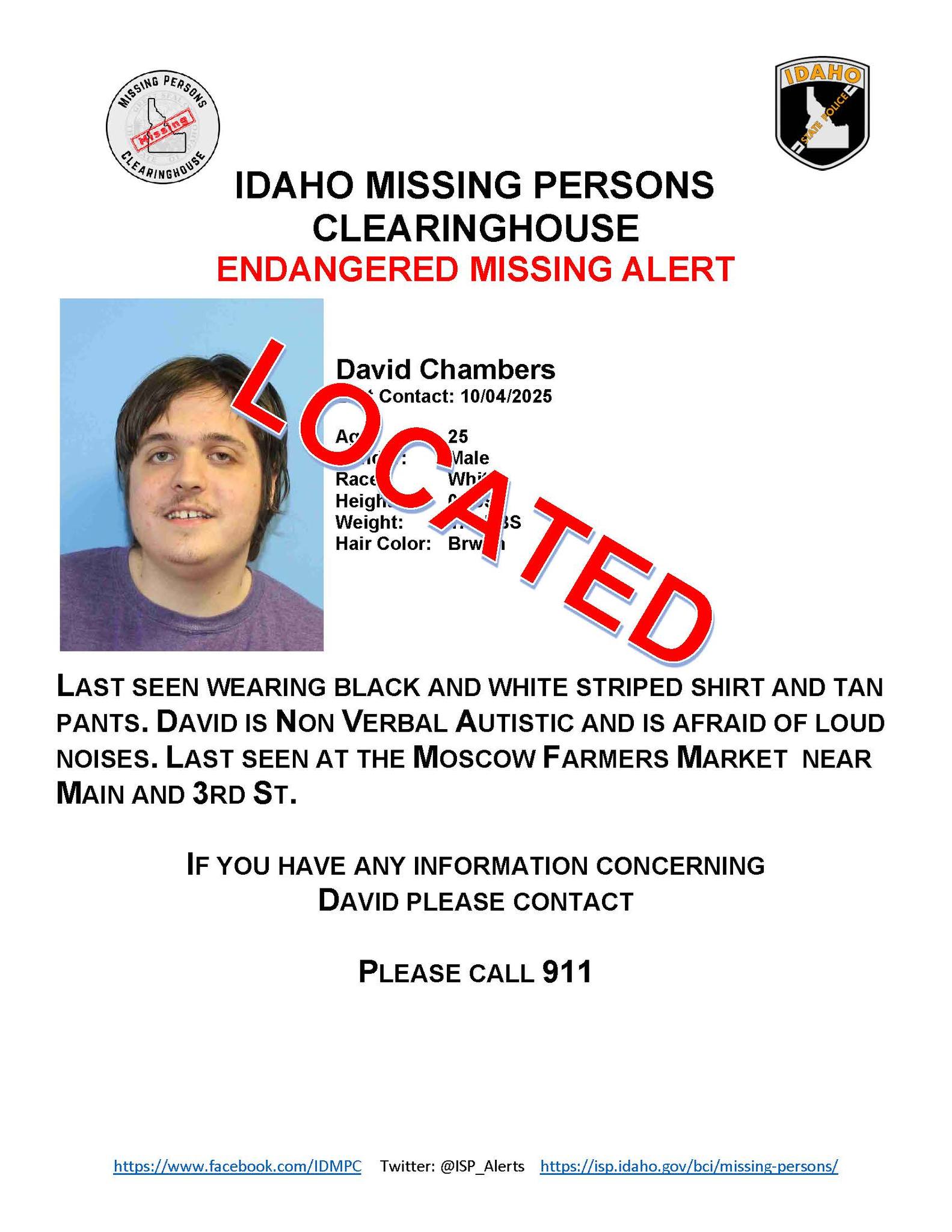LOCATED: Missing Persons Alert David Chambers | Idaho State Police